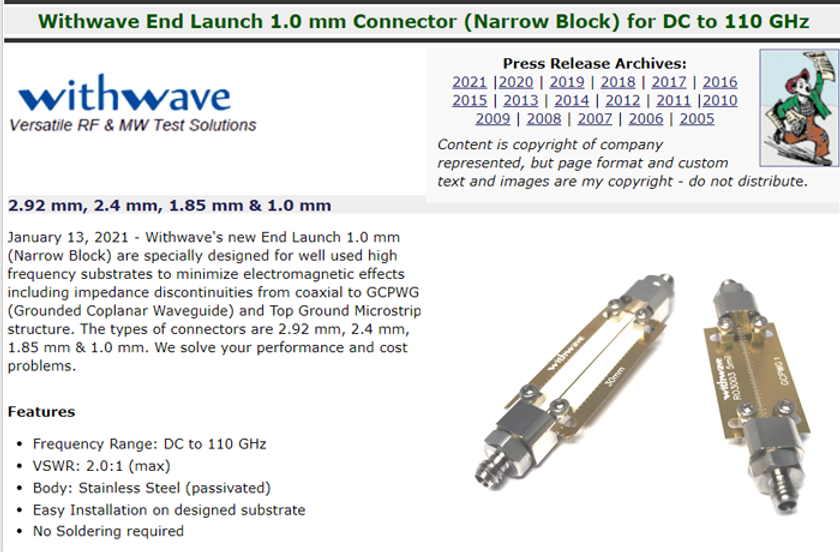RF Cafe : Withwave intro End Launch 1.o mm Connector(DC to 110 GHz)