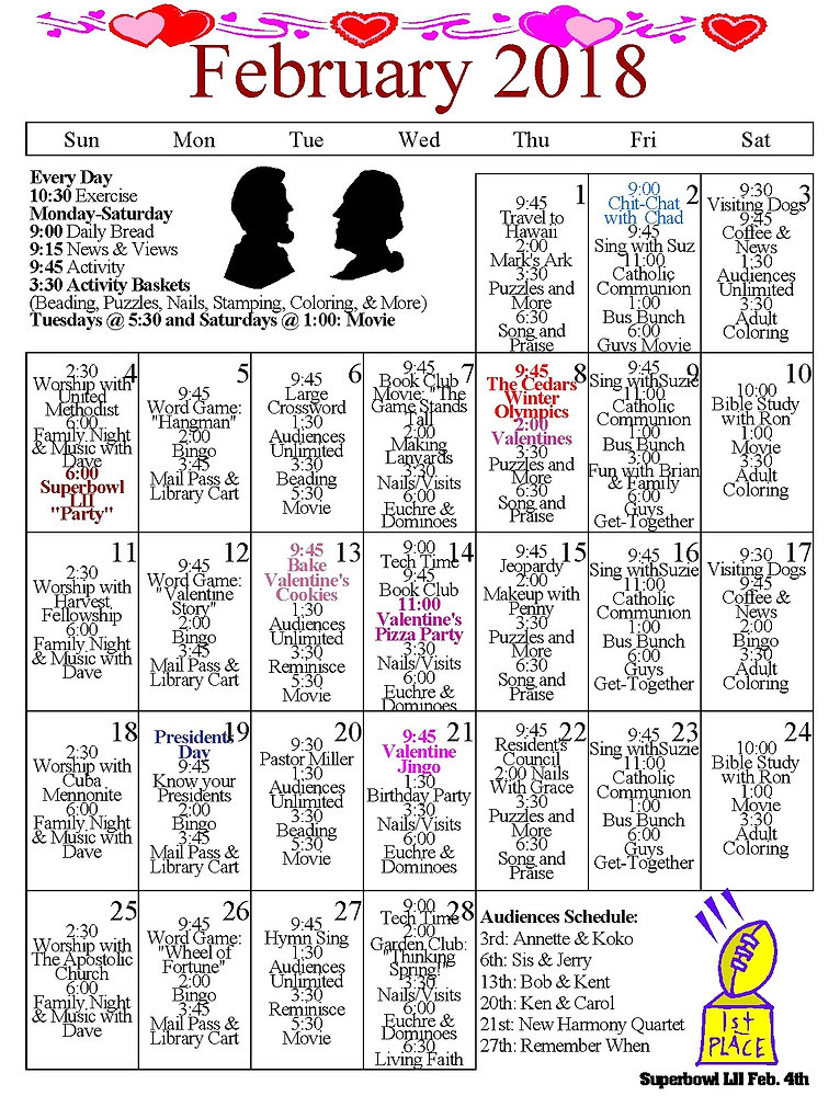 February 2018 Activity Calendar