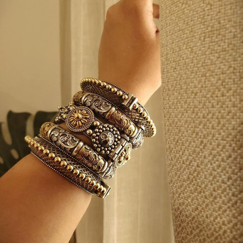 MRIGNAYANI Silver Replica Dual Tone Bangles Stack | Fusion Vogue