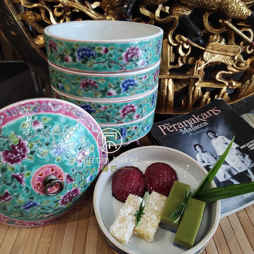Turquoise Peranakan Tiffin -Peony Flower Design | Rattan Maker