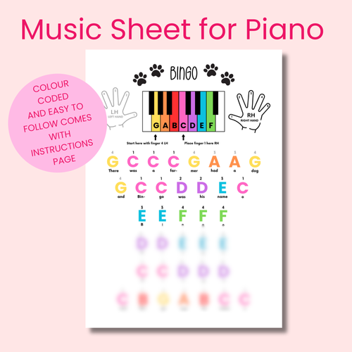 BINGO Piano Sheet Music, Color Coded Notes, Easy Learn (Digital ...