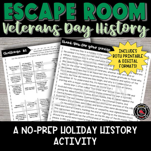 Veterans Day ESCAPE ROOM - Reading Comprehension - US History A ...