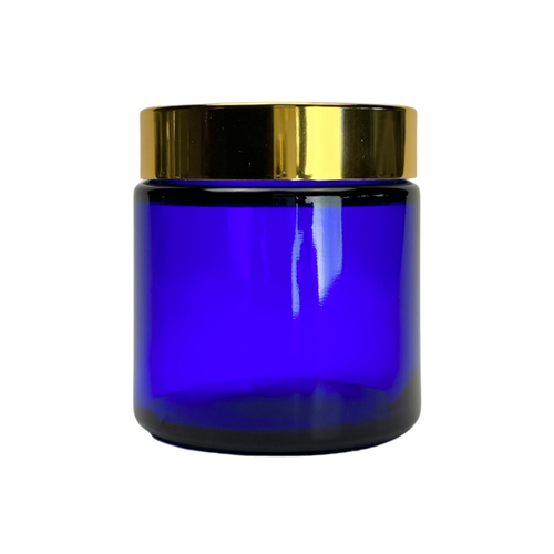 4 oz. Cobalt Blue Glass 58-400 Straight Sided Round Jar with Gold Lid ...