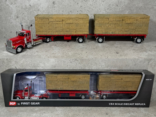 1/64 Peterbilt 389 w/ Utility Dual Flatbed Trailers w/ Hay Load Red ...