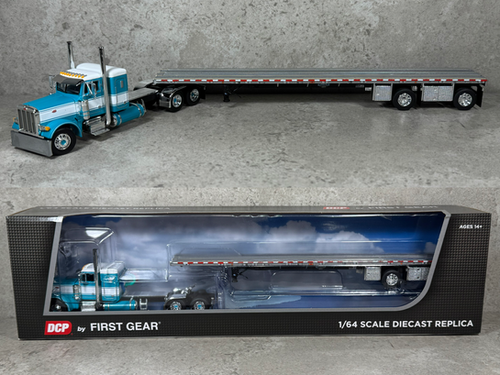 1/64 Peterbilt 379 w/ Wilson Flatbed Trailer Turquoise/White | FarmToys4You