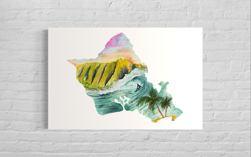 Oahu, Hawaii Silhouette Watercolor Art Print | Efarewellartistics