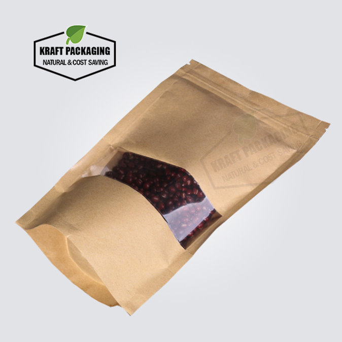Resealable stand up brown Kraft paper zipper pouch bag with window