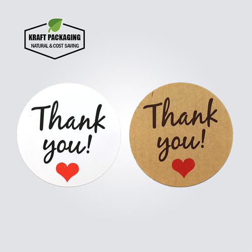 White and brown Thank You sticker label in black text and red heart ...