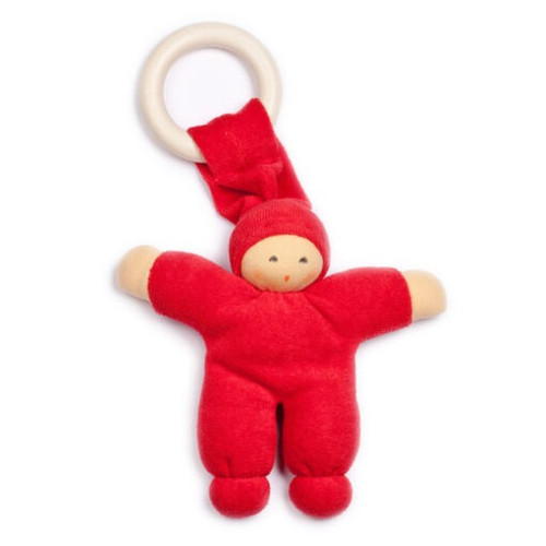 Nanchen Natur Small Waldorf Doll with Wooden Ring Teether, Cherry Red ...