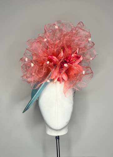 Teal Fascinator with Coral Netting | Tony Leon Designs