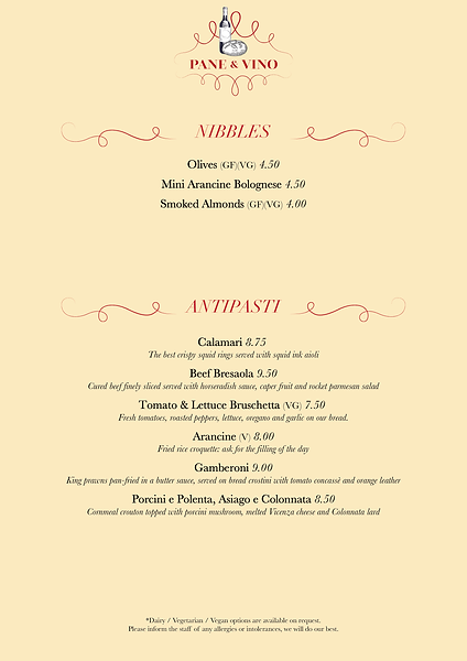 Menu | Pane & Vino