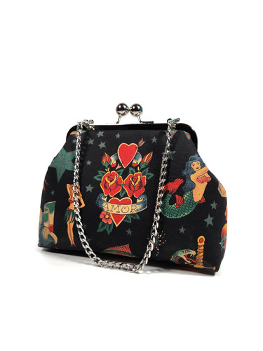 Rockabilly Pinup Tattoo Kisslock Clutch Purse | Varla Noir