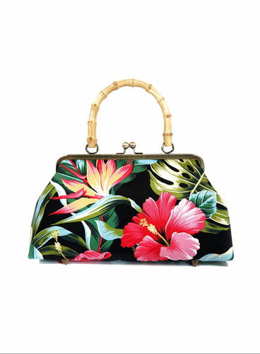 Tropical Bird of Paradise & Pink Hibiscus Purse with Bamboo Handle ...
