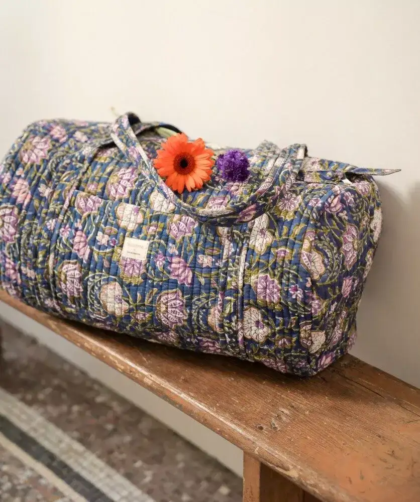 Sac week end femme tissu indien matelassé - impression block print Taj