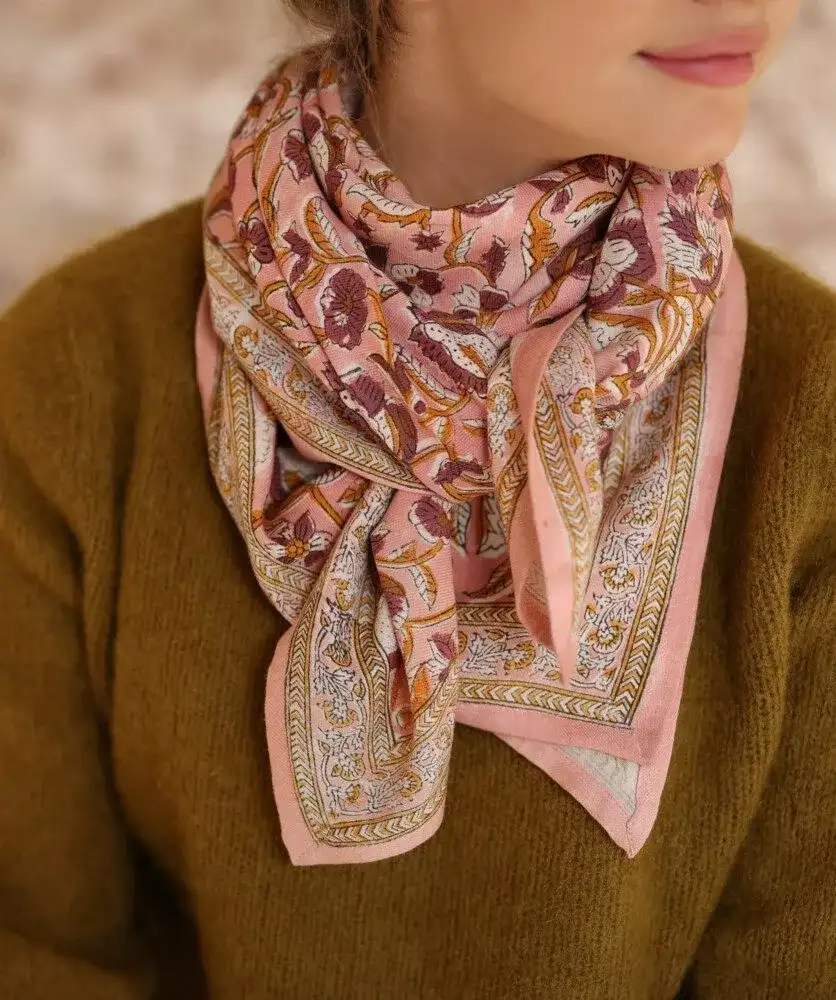 Foulard Blockprint Jaya - Rose - Foulard fleuri rose Bellemme