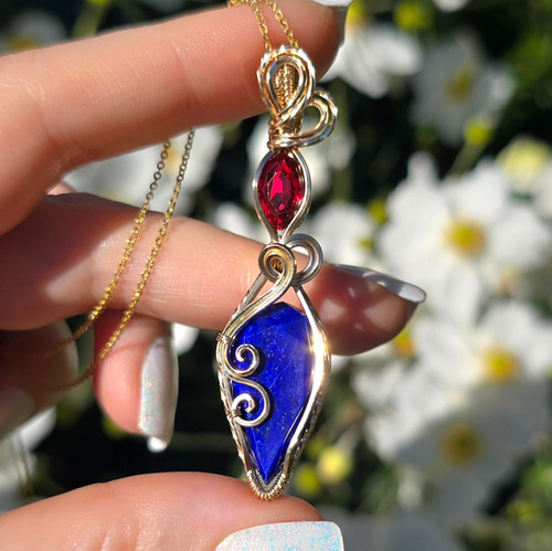 Fancy Cut Lapis & Vibrant Lab Grown Ruby in Swirly Gold Frame ...