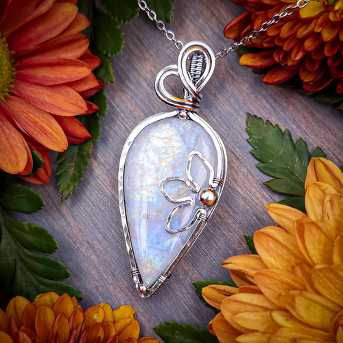 Pmt. 2/2: Moonstone Pendant in a Hammered Gold Frame with Floral Accent ...