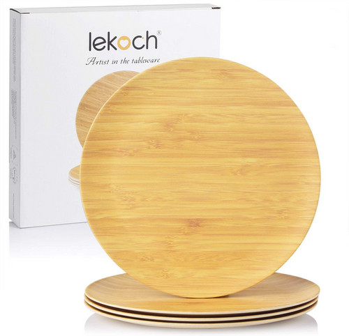 LEKOCH 4 Pieces 25cm Bamboo Dinner Plates Set Reusable Camping Picnic ...