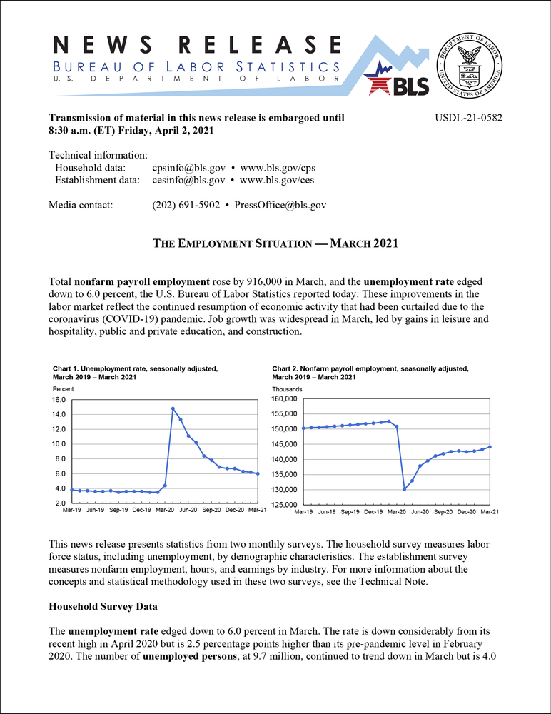 Bureau of Labor Statistics: Employment Situation - March 2021