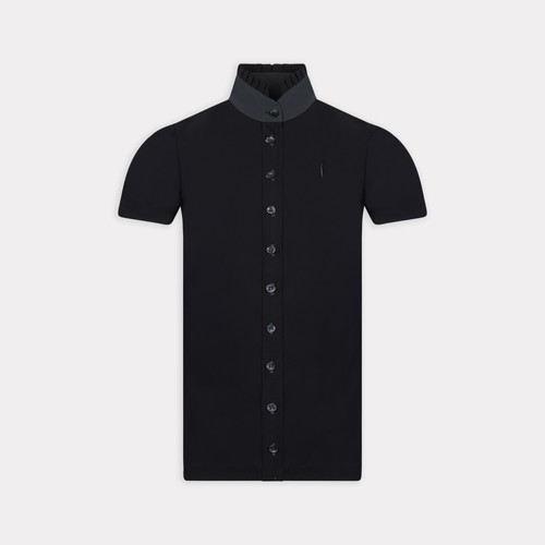 Short Sleeve Button Ruffle Shirt in Black with Anthracite Details ...