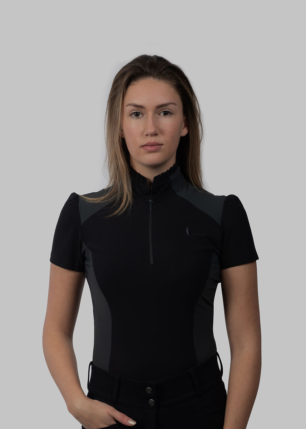 Short Sleeve Zip-up Ruffle Shirt in Black with Anthracite Details ...