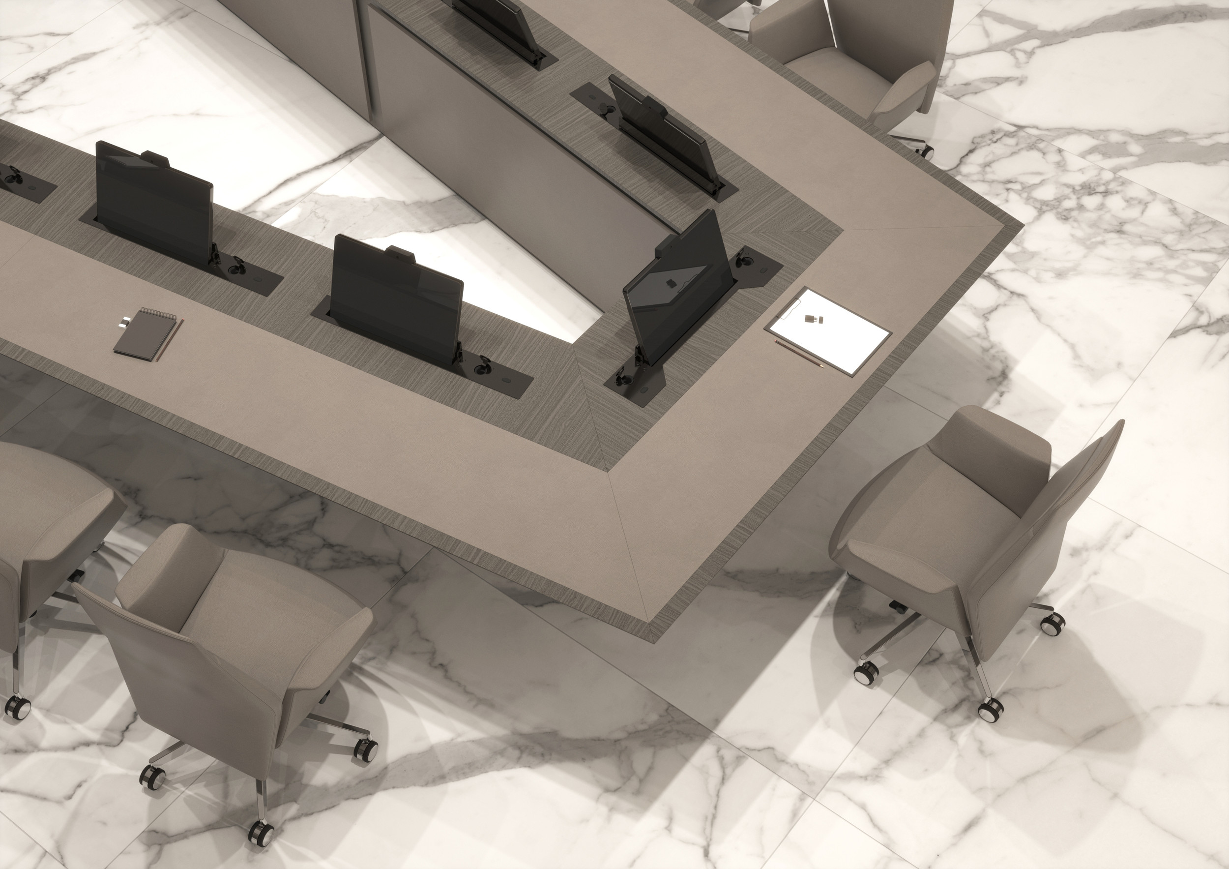 Verve, a V-shaped boardroom table with monitors · Turadi