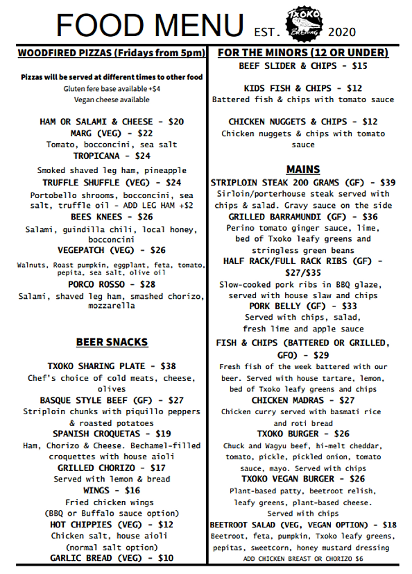 Menu | TXOKO BREWING