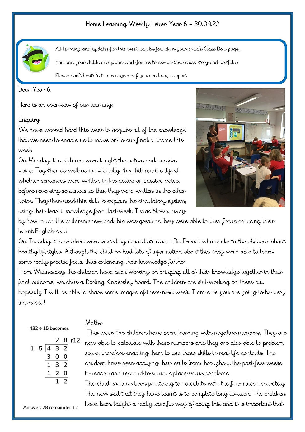 Year 6 Weekly Letter 30/09/2022