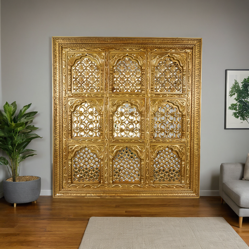 The Sauvira Rustic Gold Jaali Wall Panel | Jodhpore Home