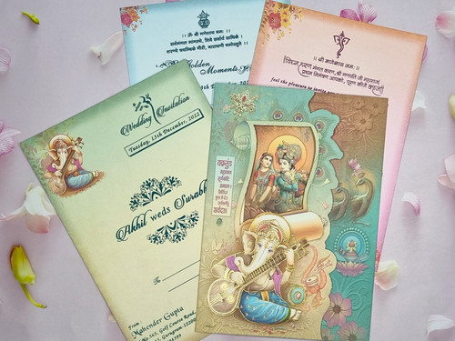 Radha Krishna Center Opening Three Fold Wedding Invitation Card ...