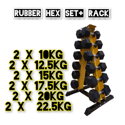 Rubber Hex Dumbbell Set (6 Pairs from 10-22.5kg) + Rack