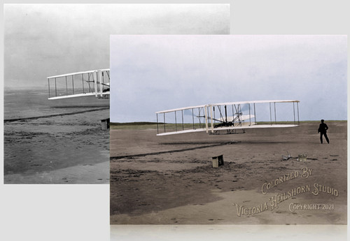 Wright Brothers First Flight at Kitty Hawk, Colorized | historyshoppe