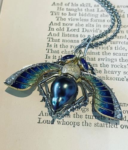 Incredible Enamel, Diamond and Lapis Fly pendant. | Youngs Jewellers