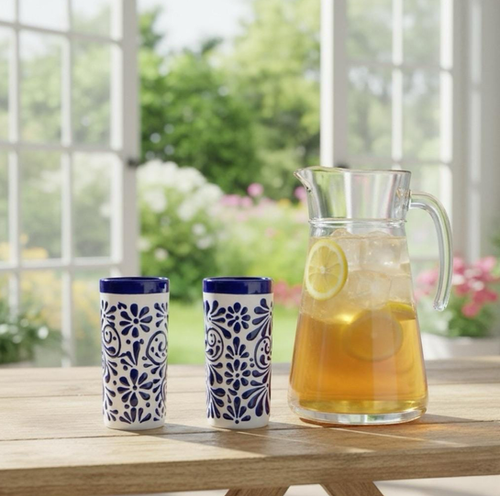 Handmade Mexican Talavera Cups Set of 2 | White & Blue | Casa Artesanal