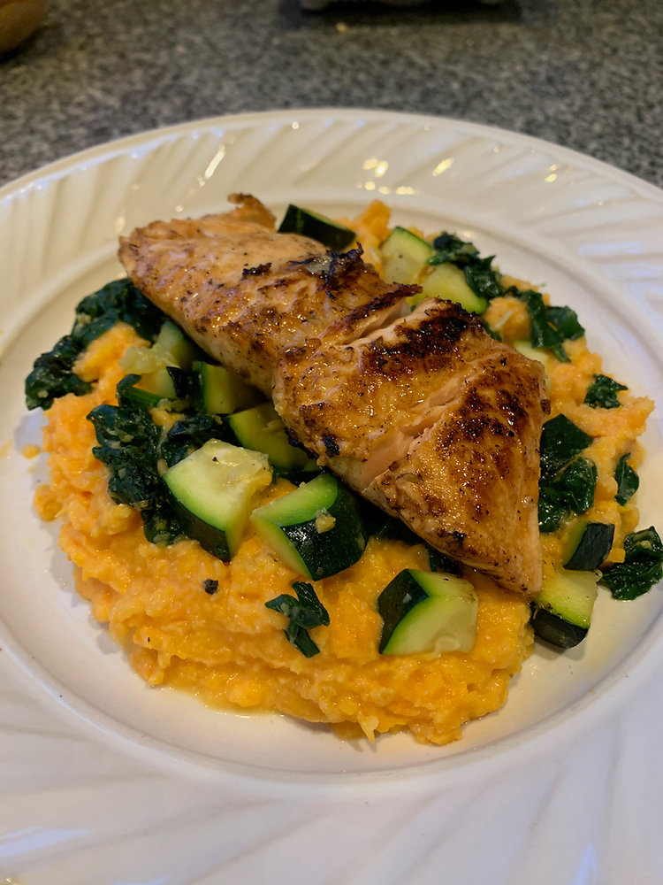 Butter-Basted Salmon with Buttermilk Garlic Mashed Sweet Potatoes