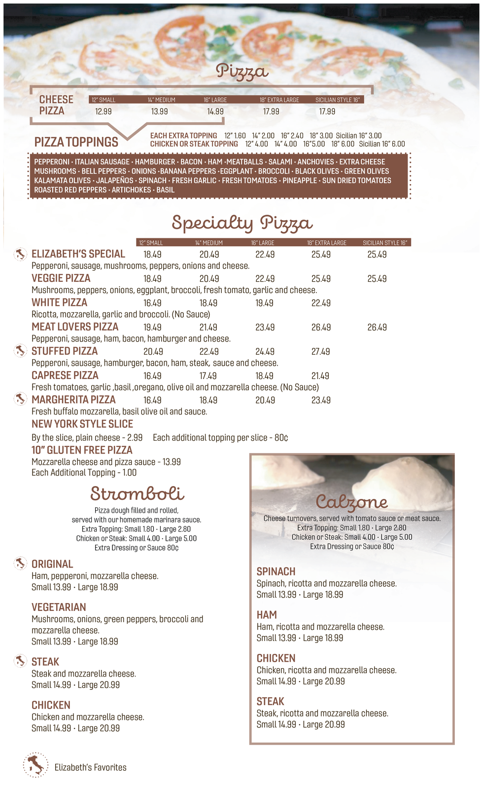 Menu | Elizabeth's Pizza Groometown