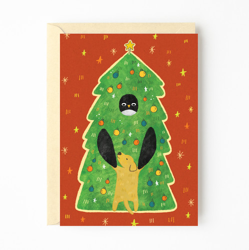 Penguin with dog Christmas card | edwina