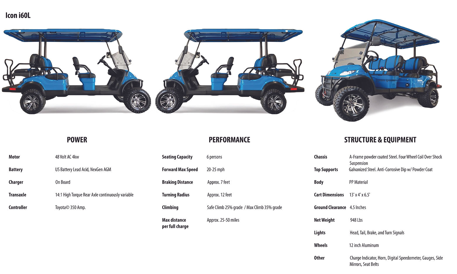 Icon i60L specs | LA Golf Cart Rentals