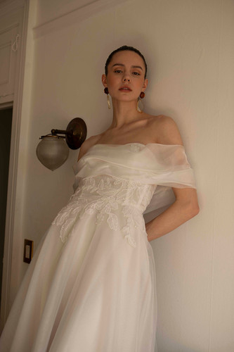 Selene A-Line Dress with Off-the-Shoulder Draping and Floral Lace ...