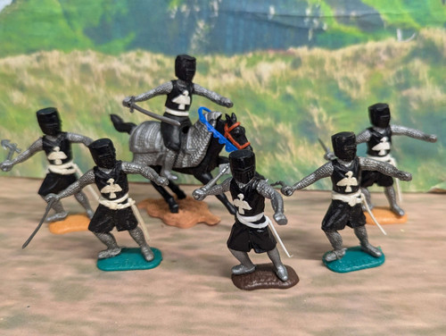Timpo Toys Swoppet Black Surcoat Knights Standing and 1 Mounted Figures ...