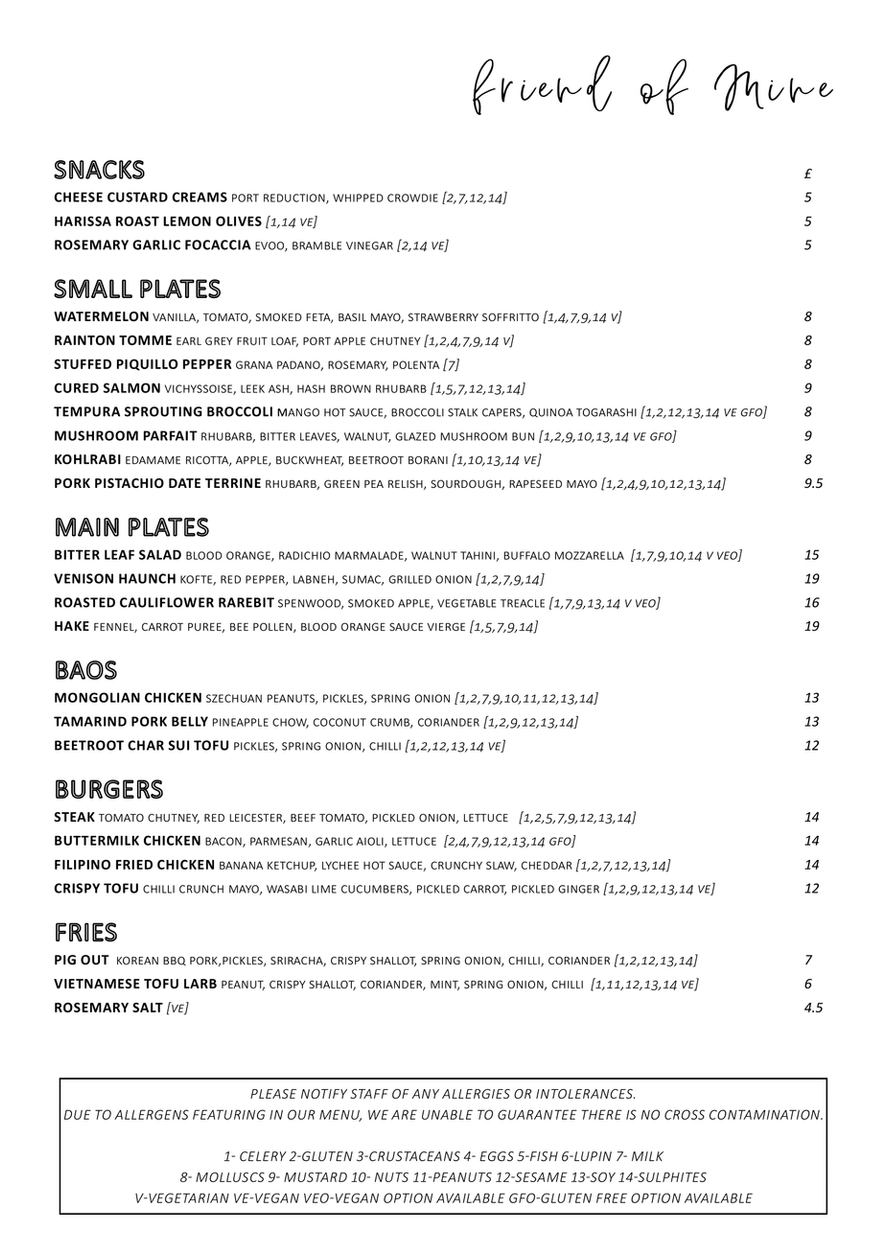 Sample Menu | Friend of Mine