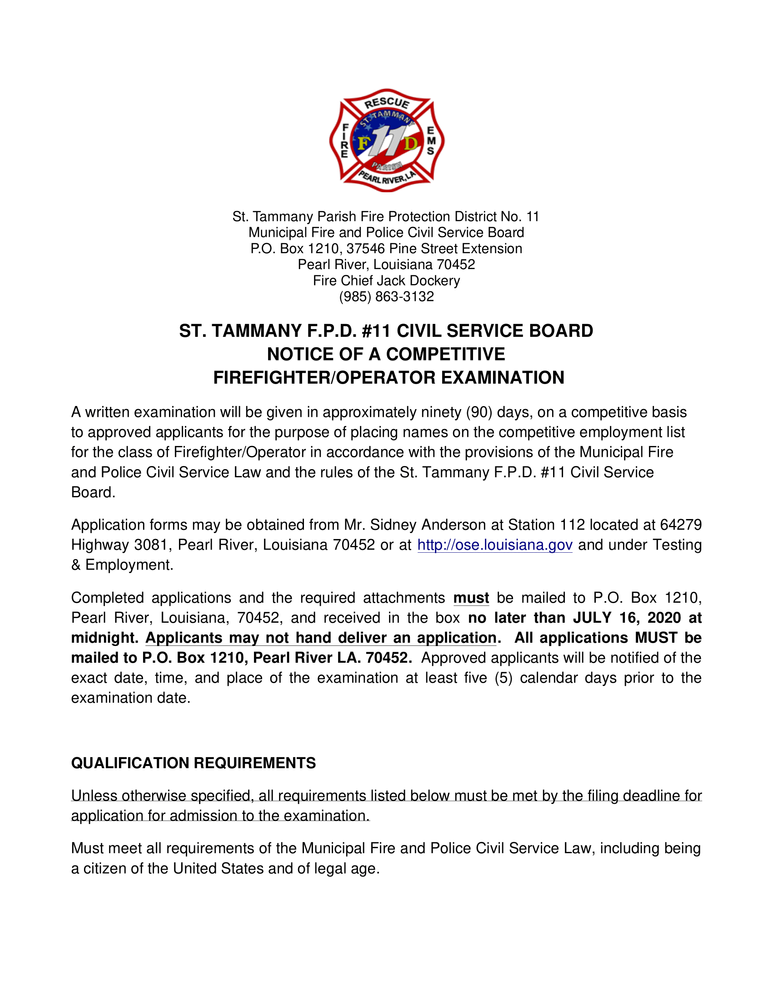 FIREFIGHTER / OPERATOR EXAM