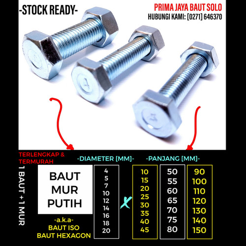 BAUT MUR HEXAGON PUTIH [MM - DRAT KASAR] | PRIMA JAYA SOLO