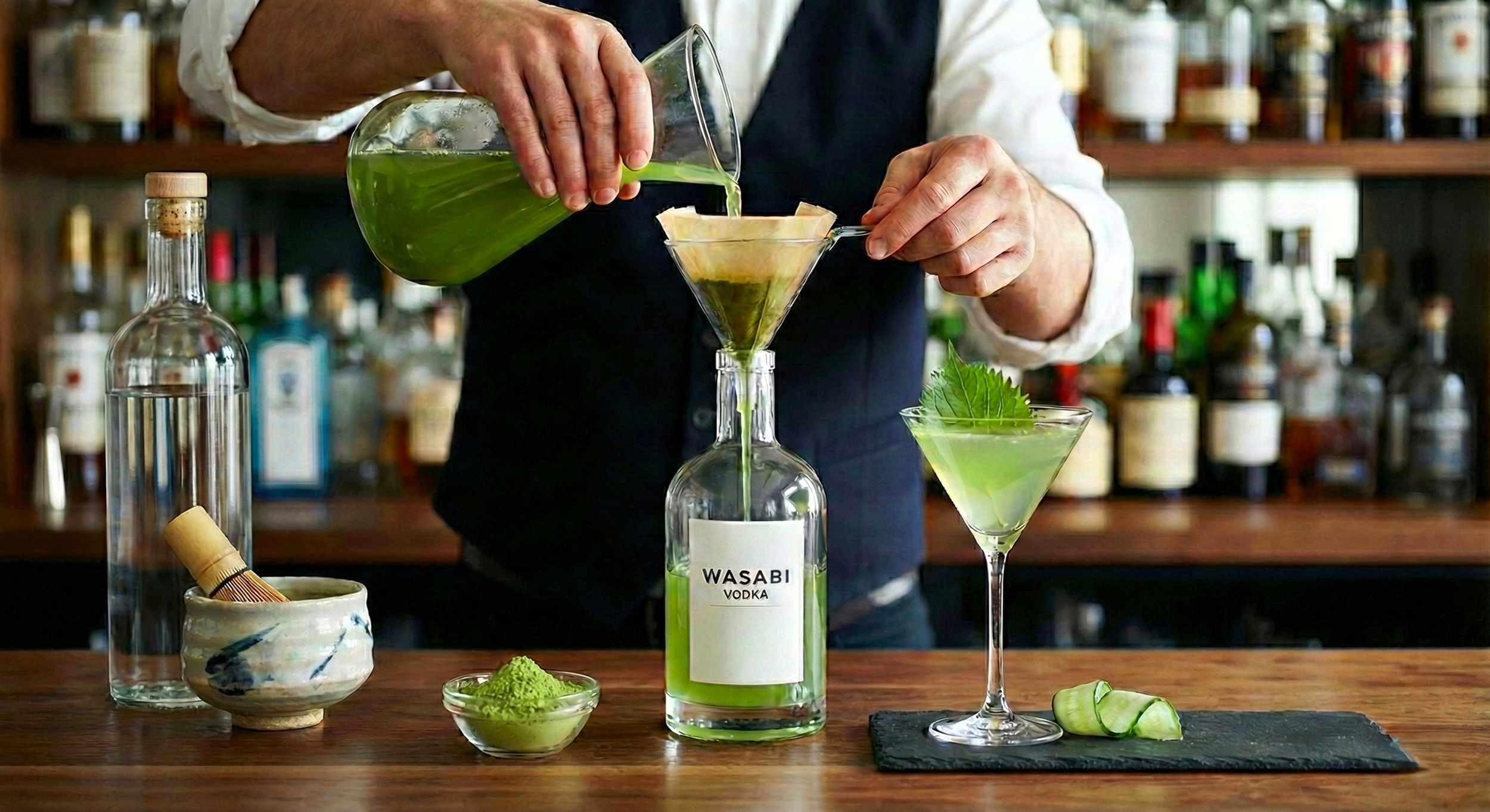 Glass bottle containing green wasabi infused vodka being strained ...