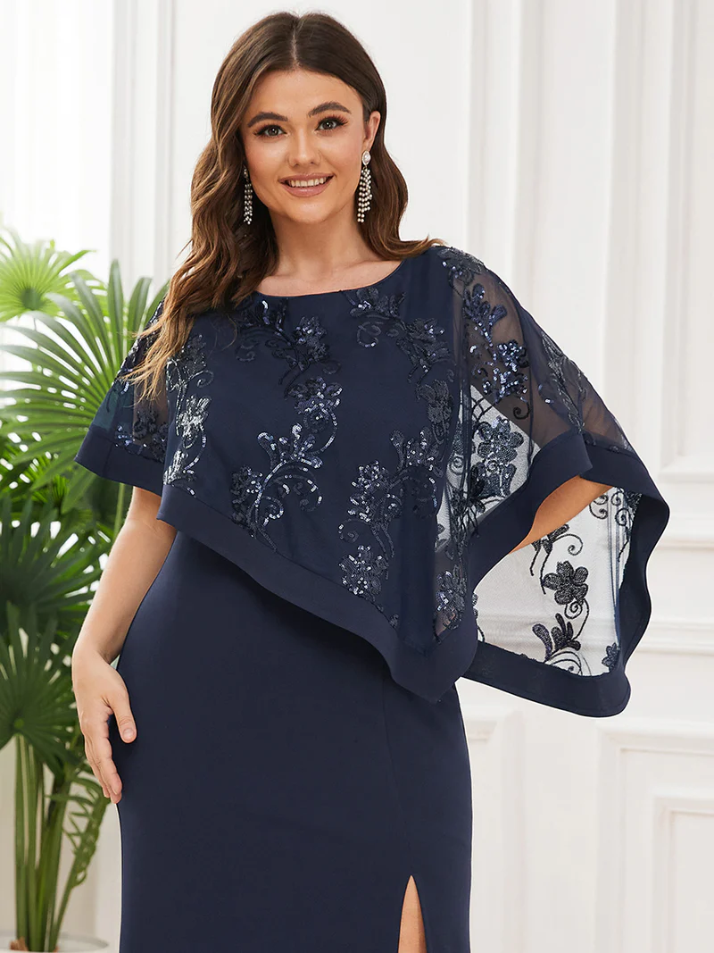 Embellished Cape Overlay Evening Gown | THE GOWN LOUNGE