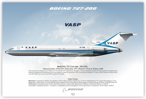 Pôster Perfil Boeing 727-200 VASP 1ª Pintura | Aeroarte