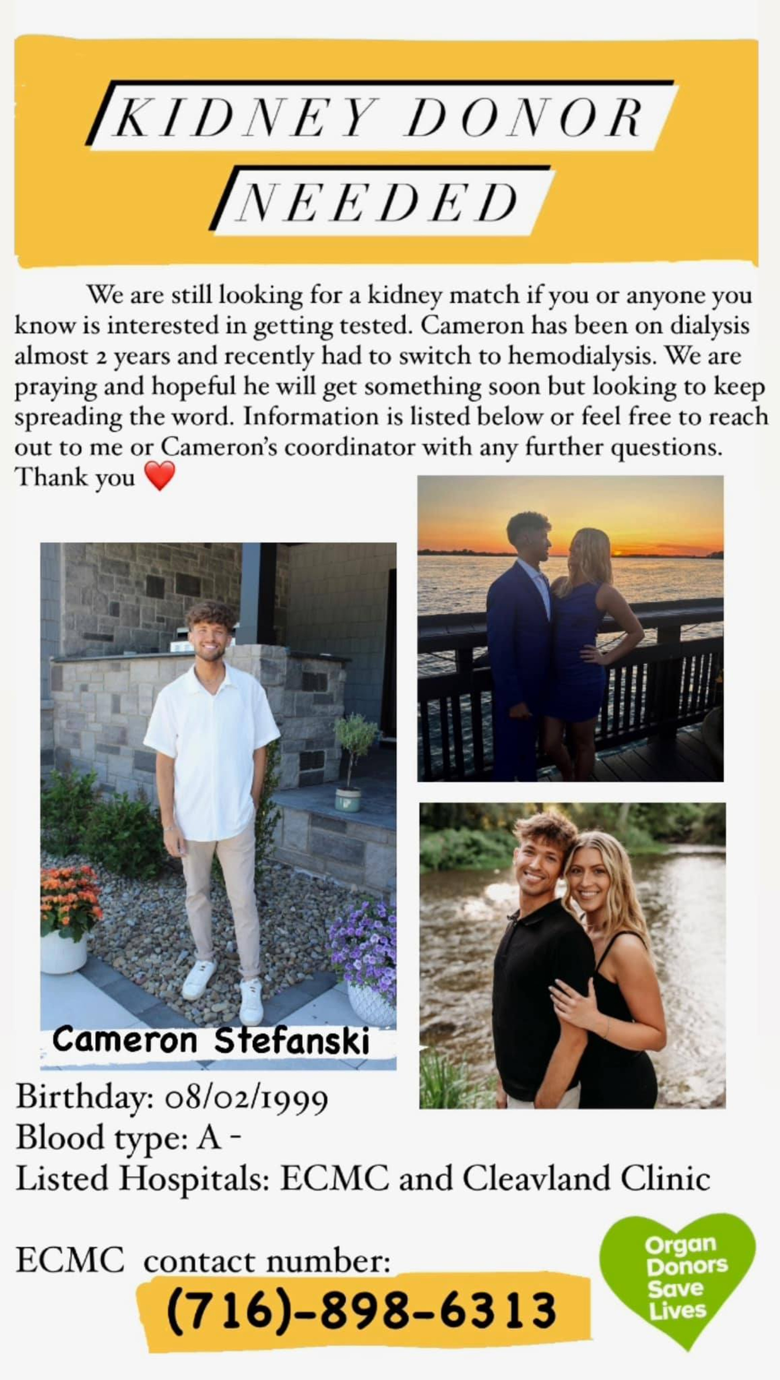 Cameron Stefanski of North Tonawanda is Seeking a Living Kidney Donor