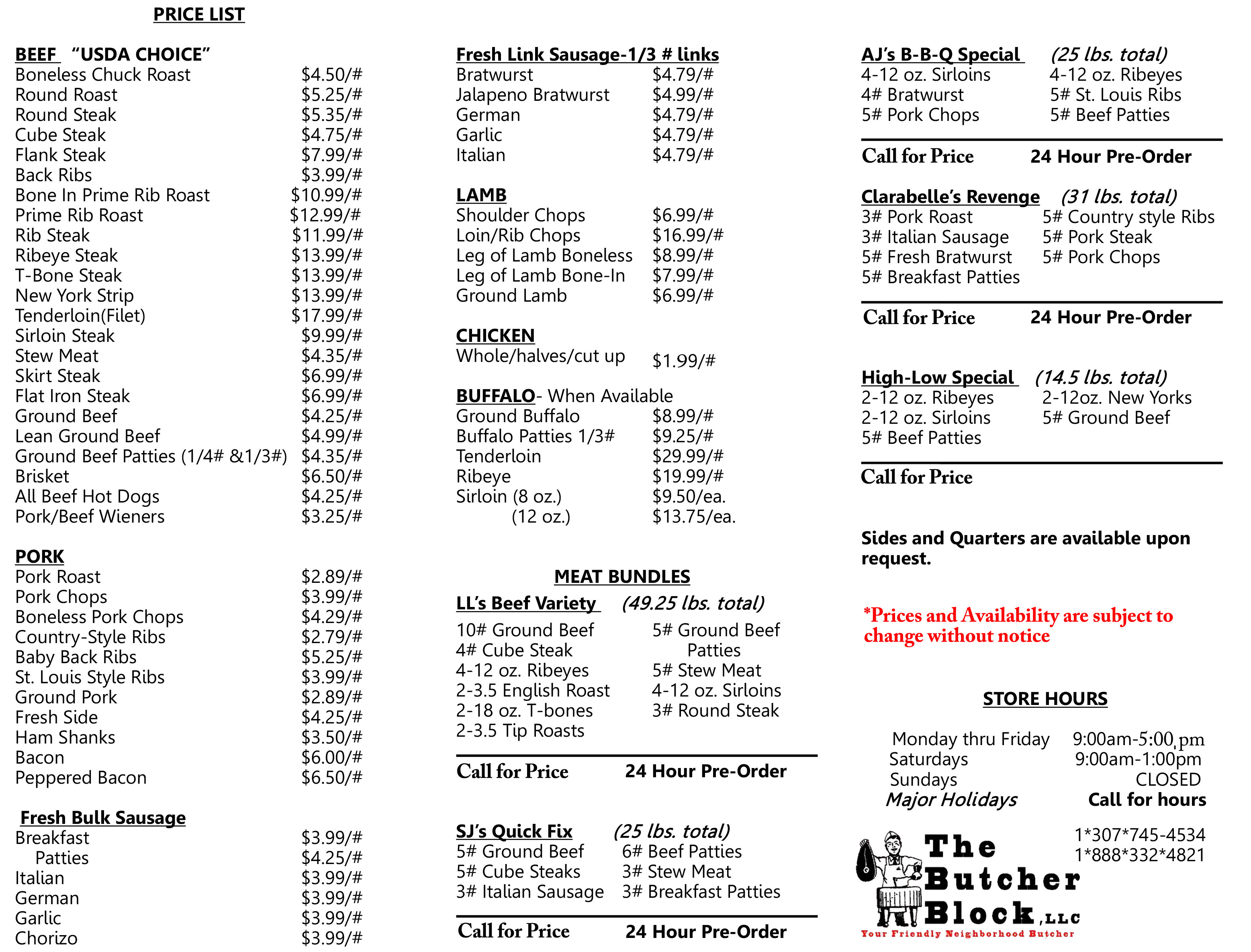The Butcher Block Laramie | Price List