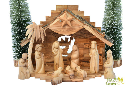 Olive Wood Nativity Set, Large Nativity Cave & 12 Piece Faceless ...