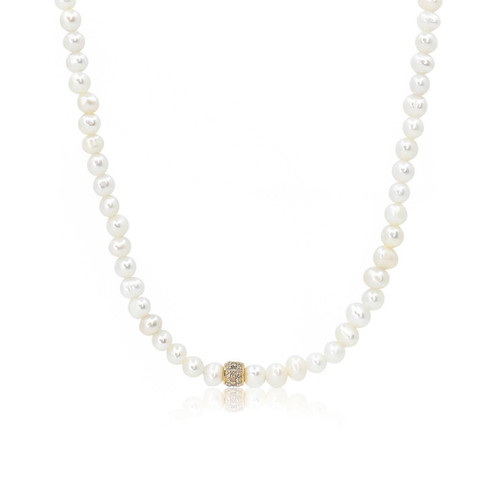 18K Solid Gold Three Line Diamond Pearl Necklace | The Karat Store